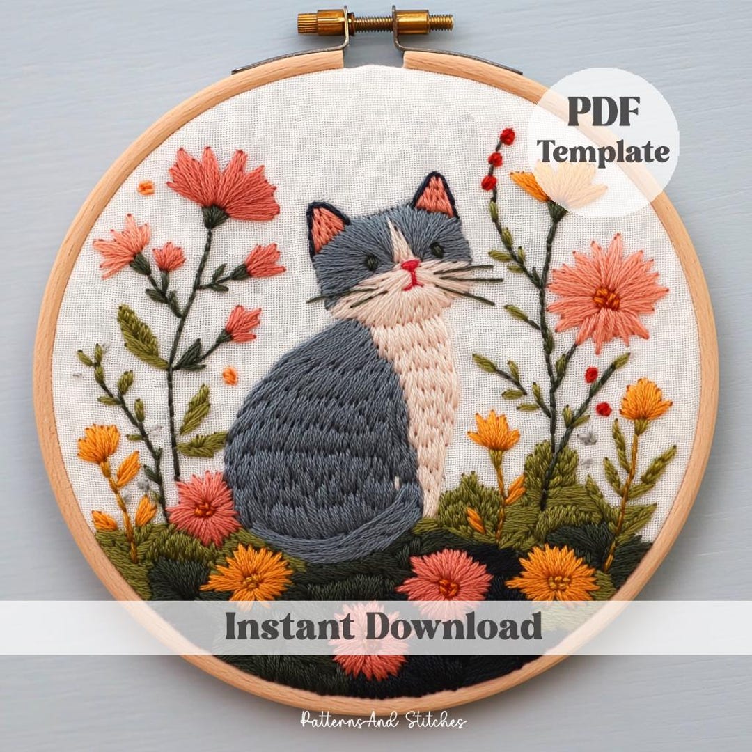 Cute Cat Hand Embroidery, PDF Pattern Template, Digital Stitching File ...