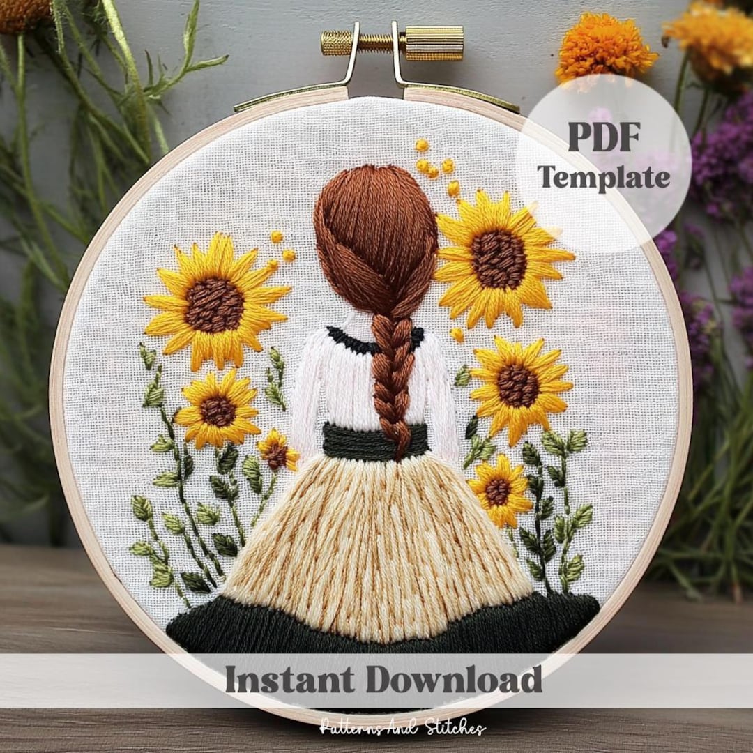 Sunflower Girl Embroidery Pattern, Hand Embroidery, PDF Pattern ...