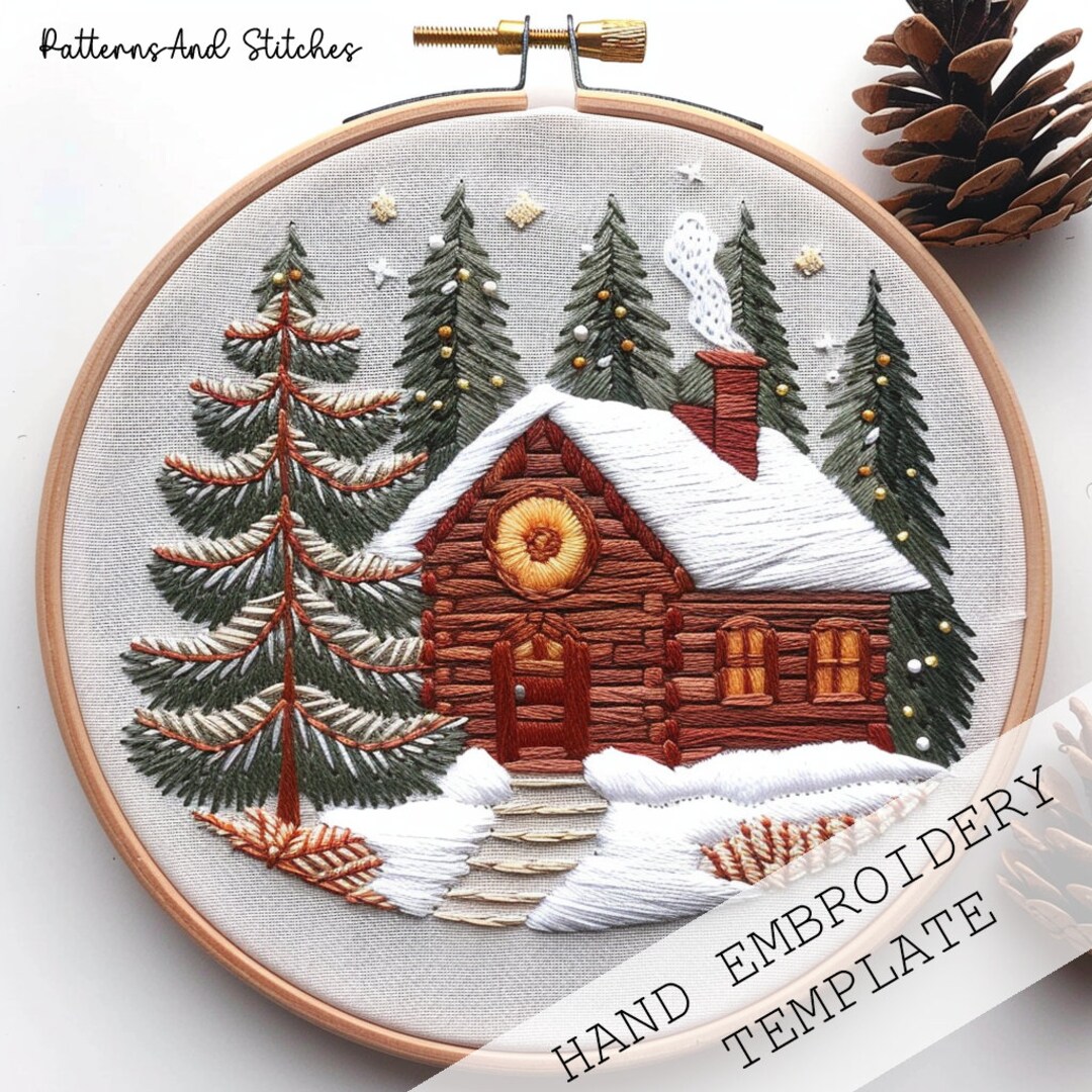 Winter Log Cabin Embroidery Pattern: Christmas Landscape, Printable ...