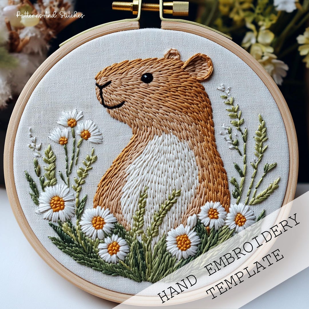 Cute Capybara Embroidery Pattern, Floral PDF Design, Nature Hoop Art ...