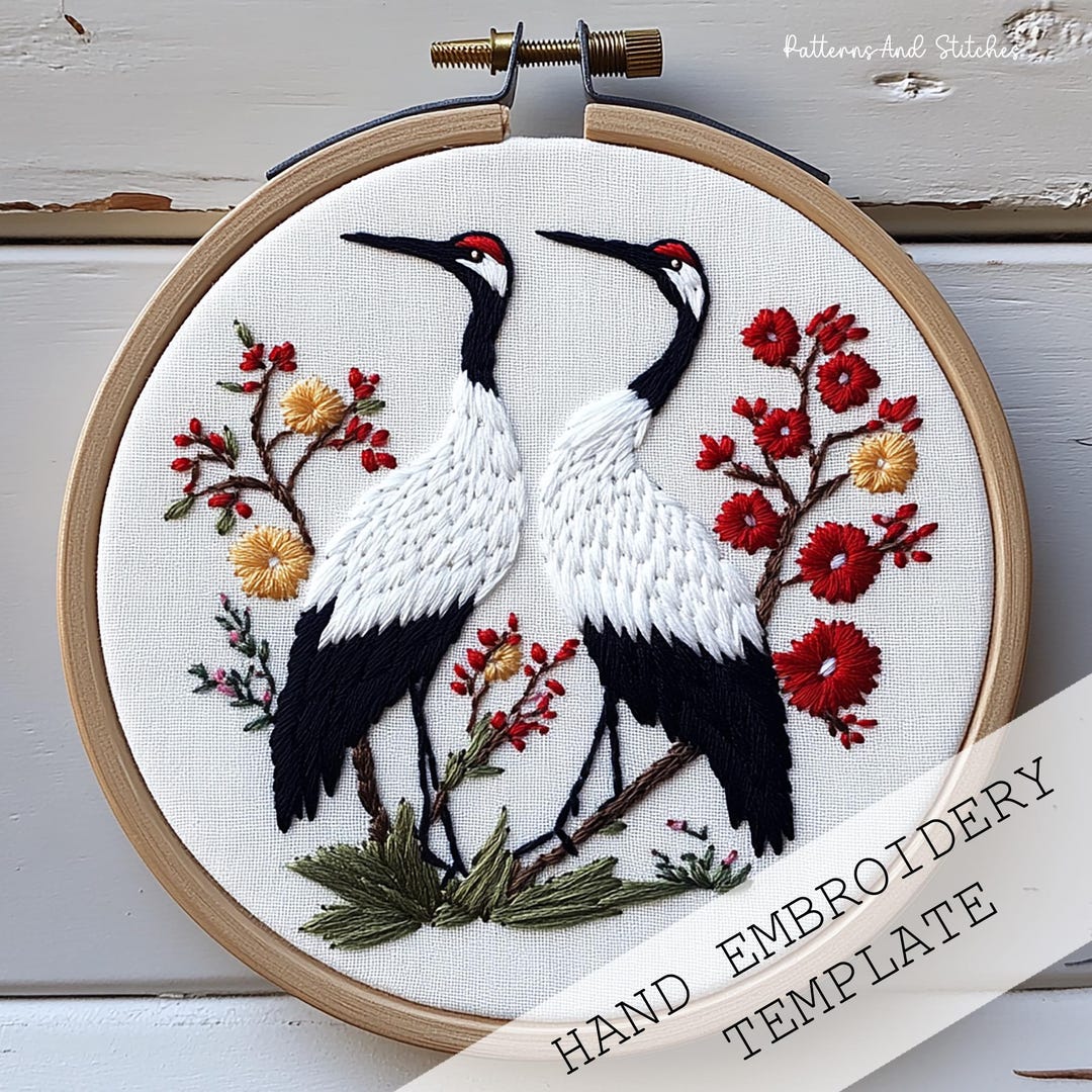 Crane With Red Flowers Hand Embroidery Pattern, Crane Bird Pattern ...