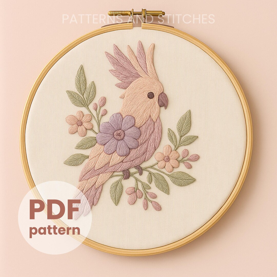 Pastel Cockatoo Bird Embroidery Pattern, Spring Hoop Art, Boho ...
