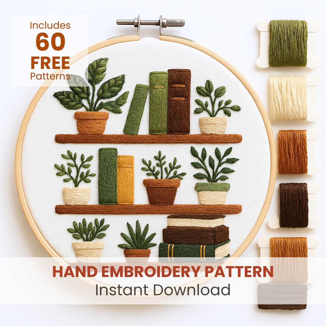 Plants Bookshelf Hand Embroidery Pattern: Book Lover DIY (PDF Pattern ...