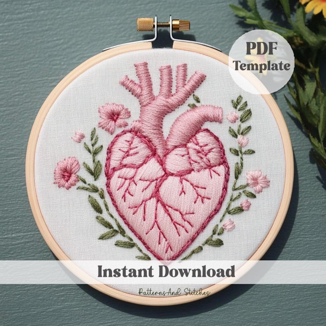 Anatomical Heart Floral Embroidery Pattern: Human Heart Needlepoint ...