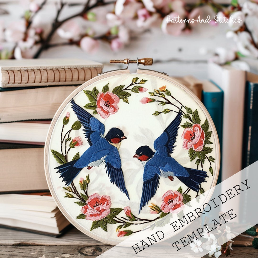 Swallow Hand Embroidery Pattern: Colorful Bird Needle Painting, Wall ...