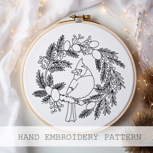 Christmas Cardinal Hand Embroidery Pattern, Winter Bird Design, Instant ...