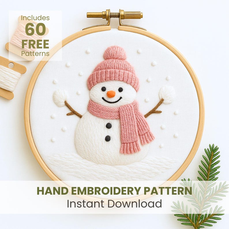 Pink Snowman Hand Embroidery Pattern: Festive Winter Design, Printable ...