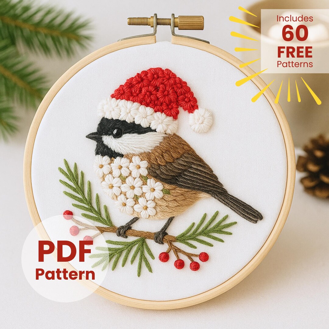 Christmas Chickadee Embroidery Pattern, Holiday Bird, Pine Branch Decor ...
