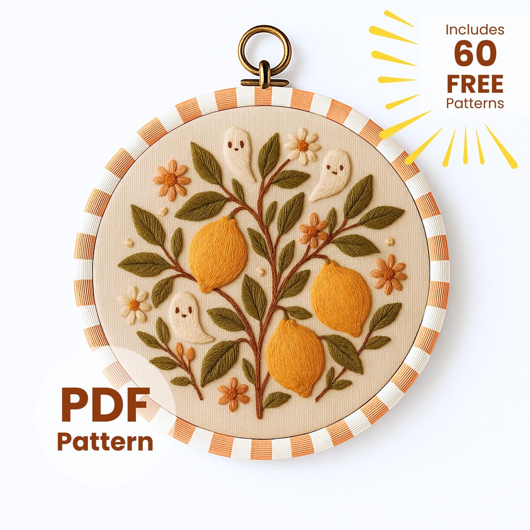 Lemon Branch Embroidery Pattern With Ghosts: Citrus Floral Design (PDF ...