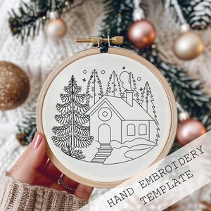 Winter Log Cabin Embroidery Pattern: Christmas Landscape, Printable ...