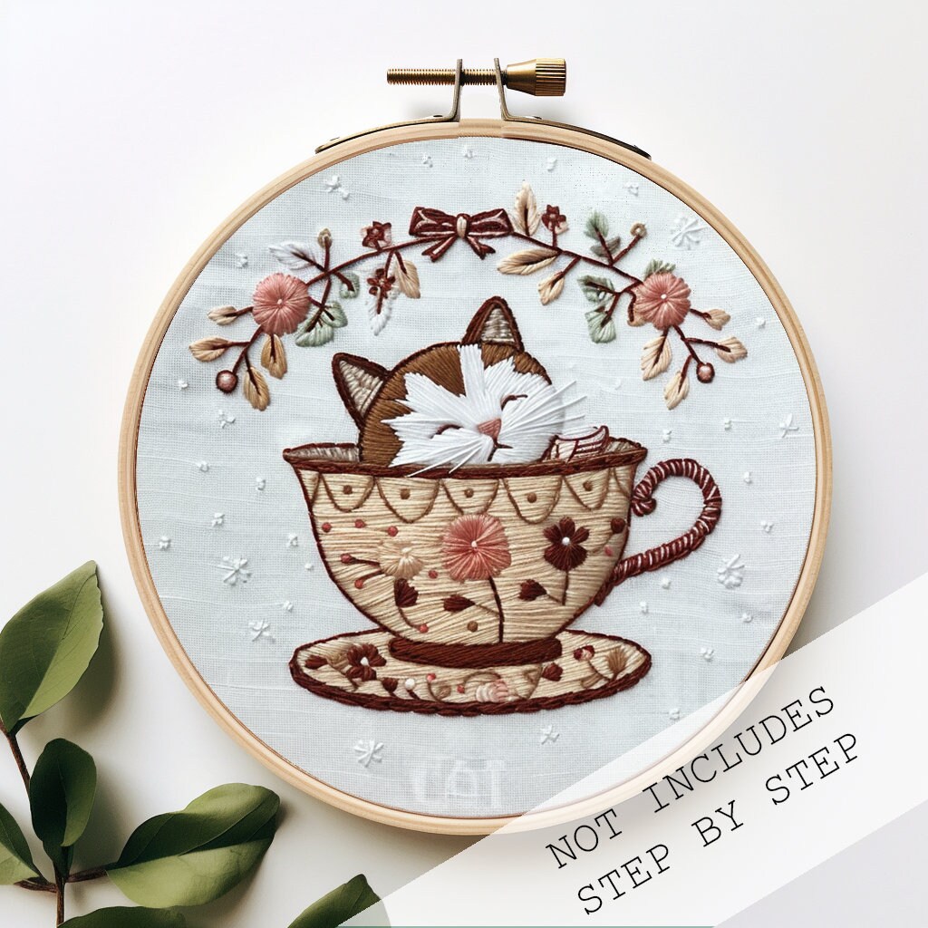 Cat in Teacup Hand Embroidery Pattern: Modern Silhouette (PDF Pattern ...