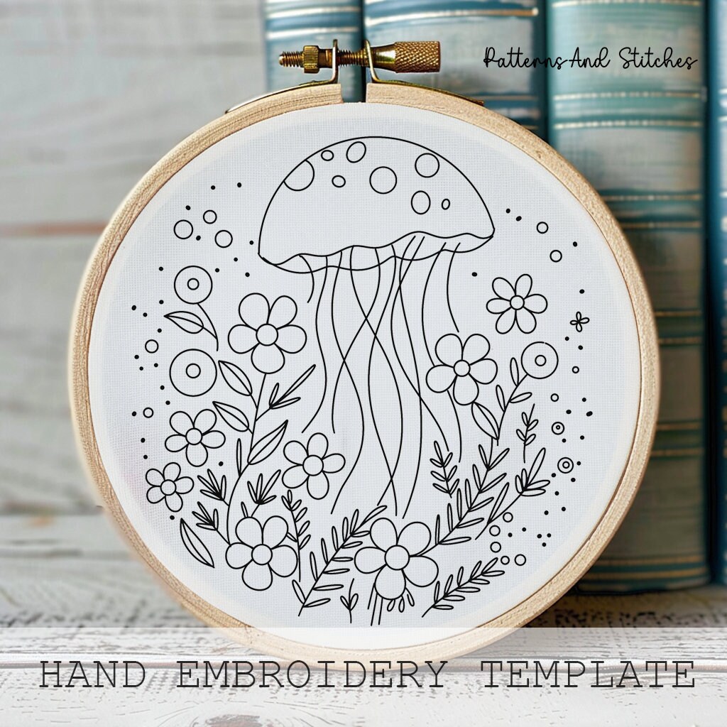 Floral Jellyfish Embroidery Pattern: Ocean Needlepoint Design ...