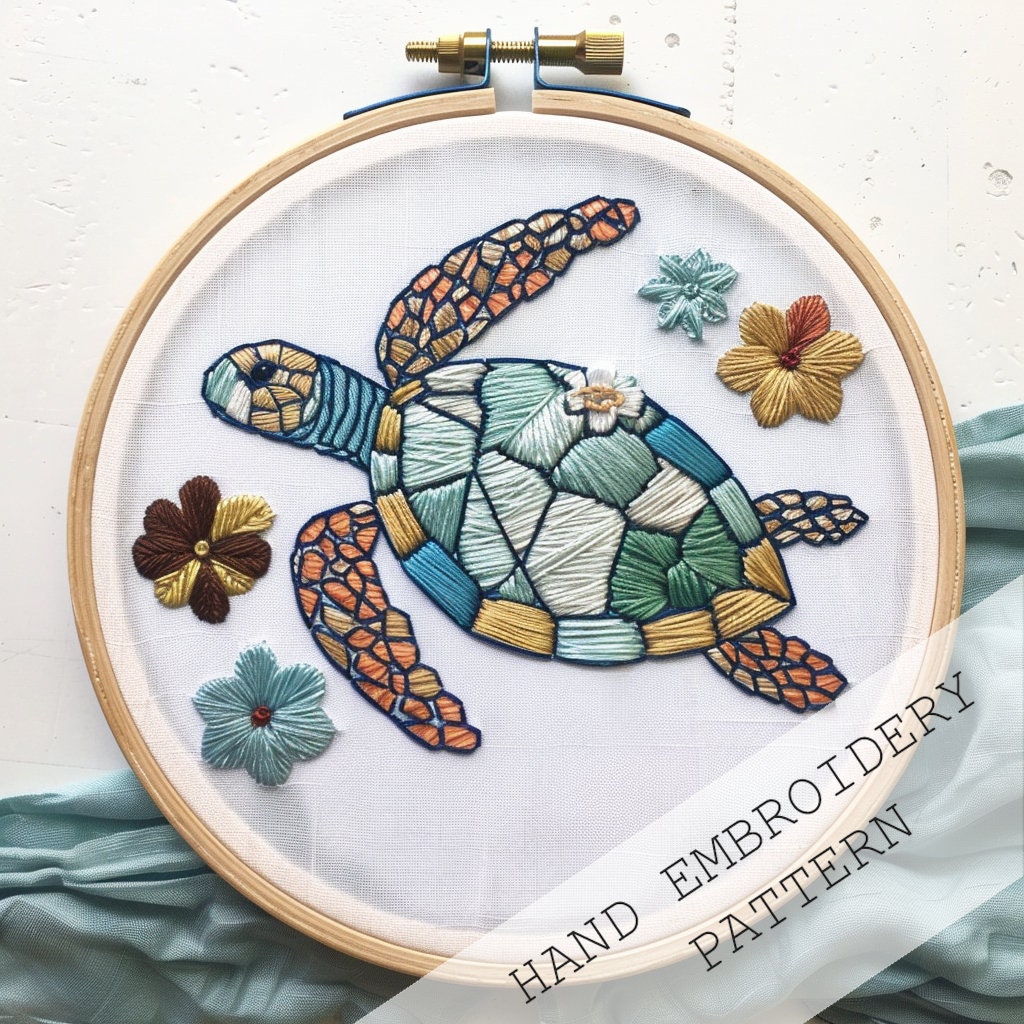 Turtle Embroidery Pattern, Aesthetic Turtle Needlepoint Pattern, Ocean ...