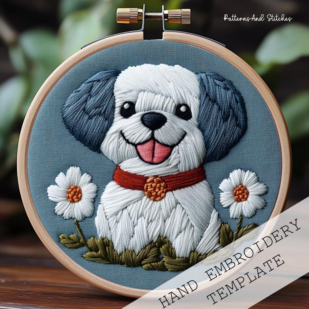 Happy Dog Embroidery Template, Animal Hand Embroidery, Puppy Pattern ...