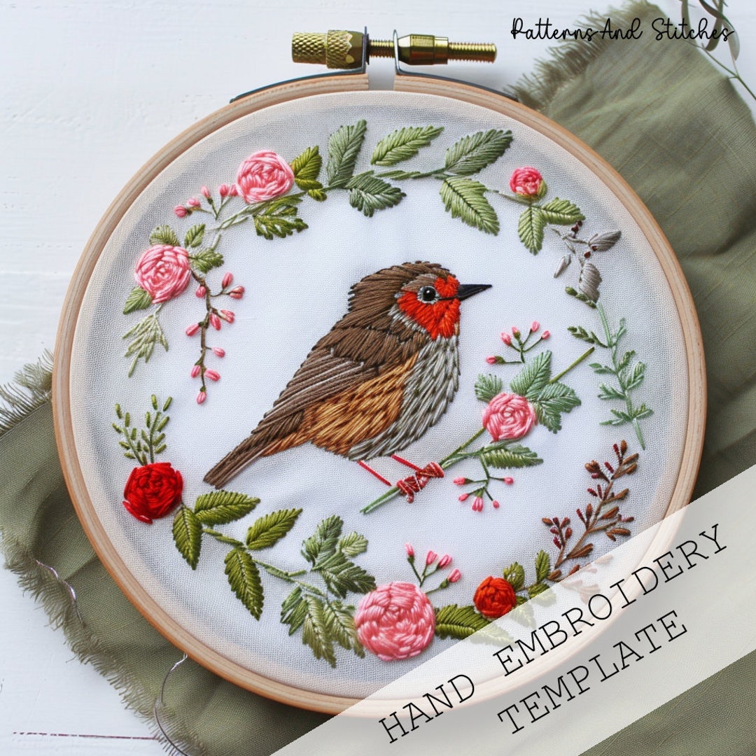 Little Bird Embroidery Pattern: Floral Wreath Design, Handmade Art (PDF ...