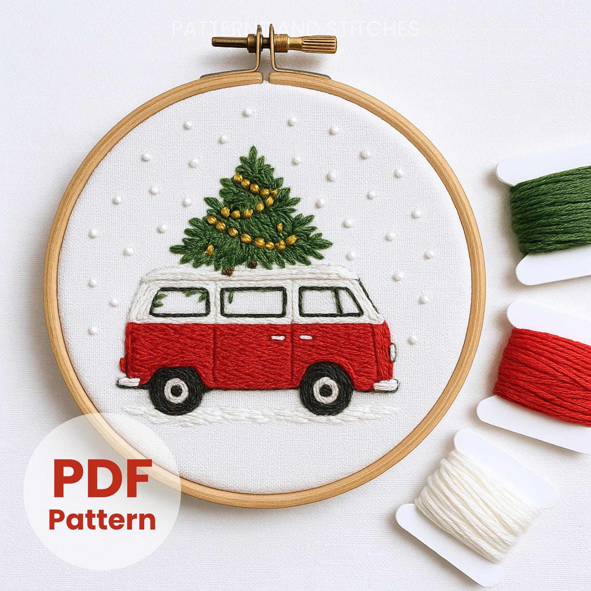 Retro Van Christmas Embroidery Design: Winter Holiday Art, Festive Car ...