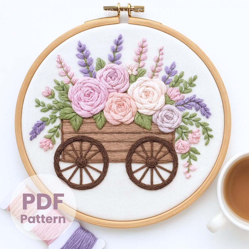 Roses Flowers Cart Embroidery Pattern: Whimsical Floral DIY (PDF ...