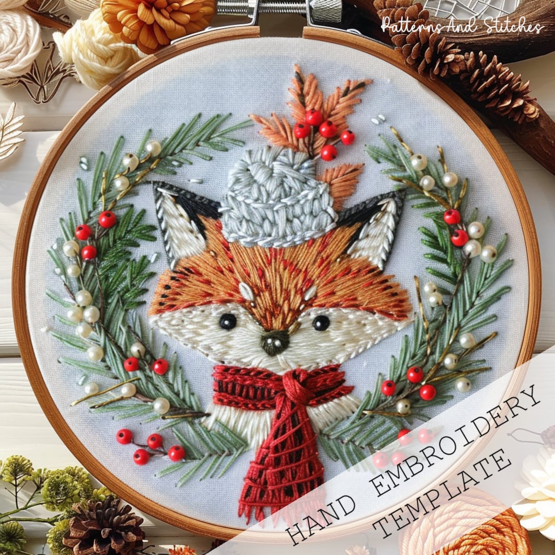 Christmas Fox,arctic Fox Embroidery, Hoop Art, Christmas Cute Animal ...