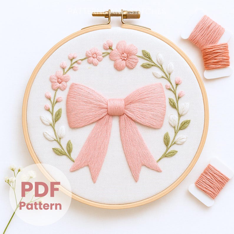 Pink Bow Embroidery Pattern: Coquette Hoop Art, Idea Gift (PDF ...