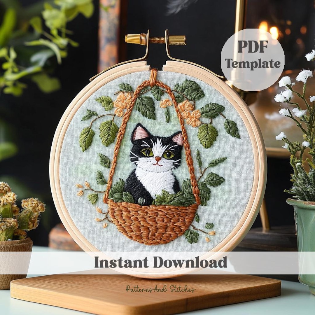 Cat Hand Embroidery, Plant Cat Embroidery Pattern, Cute Kitty, Easy ...