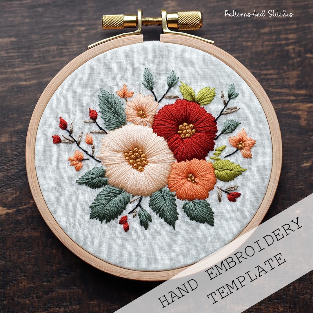 Colorful Hand Embroidery Template, Floral Stitching Pattern, Elegant ...