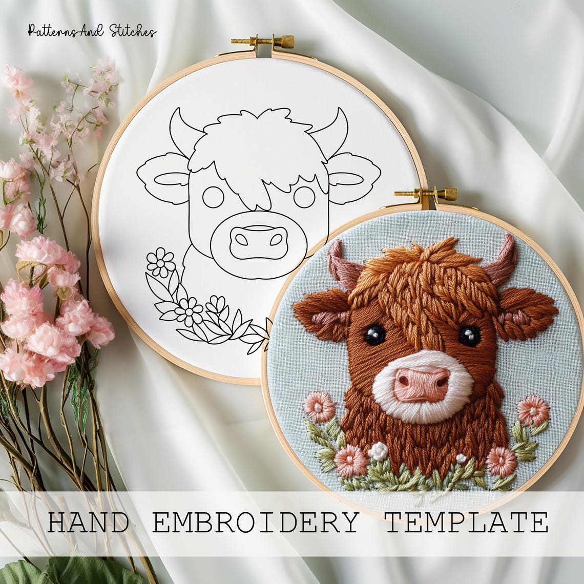 Highland Cow Embroidery Pattern, Rustic Floral Art, Modern Hoop (PDF ...