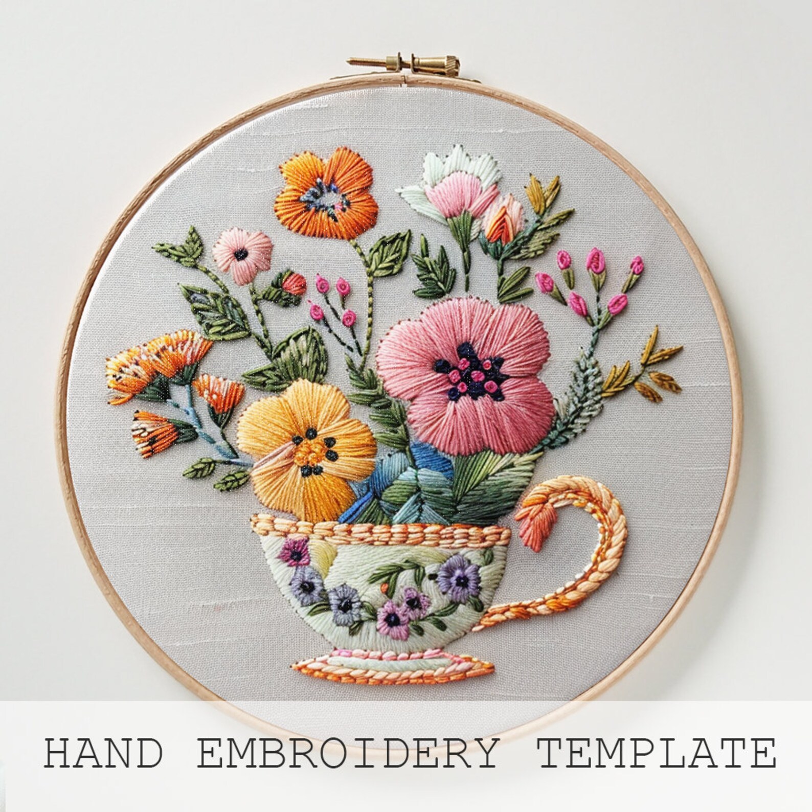 Tea Cup With Flowers Embroidery Template, Instant Download, Teacup ...