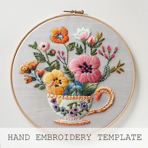 Tea Cup With Flowers Embroidery Template, Instant Download, Teacup ...