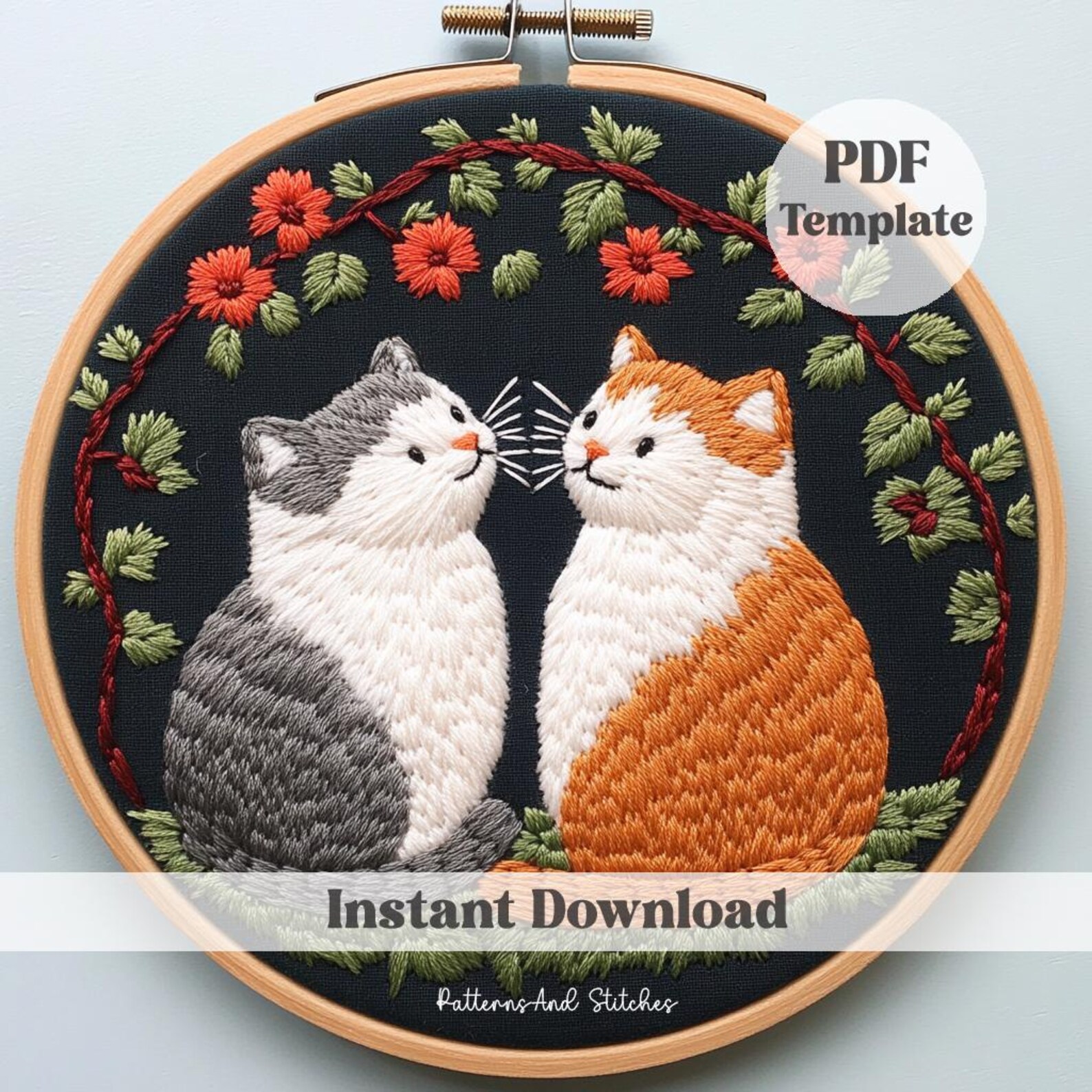 Cats Floral Embroidery Pattern: DIY Animal Design, Hoop Art (PDF ...