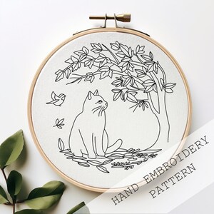 Cat and Bird Embroidery Pattern, Cute Cat Embroidery, Cat Lover Gift ...