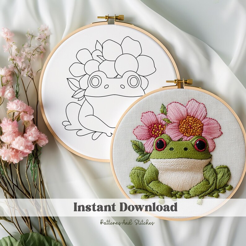 Floral Frog Hand Embroidery Pattern: Cottagecore Hoop Art, Easy Craft ...