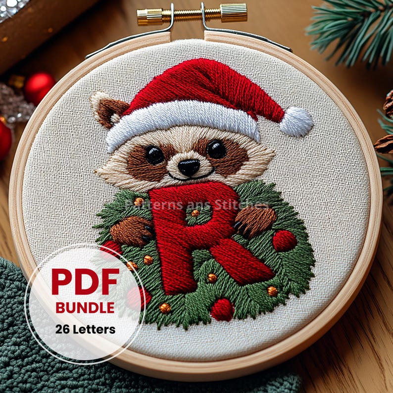 Christmas Raccoon Embroidery Pattern: Festive Initial Design ...