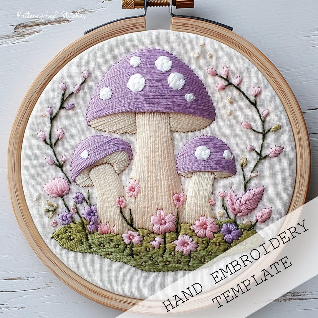 Purple Mushroom Embroidery Pattern, Pastel Forest Fungi Hoop Art ...