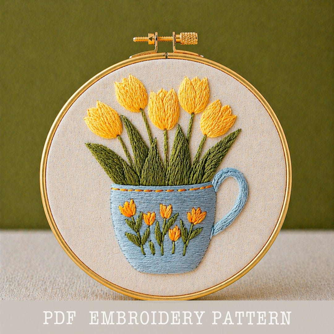 Teacup Tulips Hand Embroidery Pattern: Cottagecore Tea Design (PDF) - Etsy