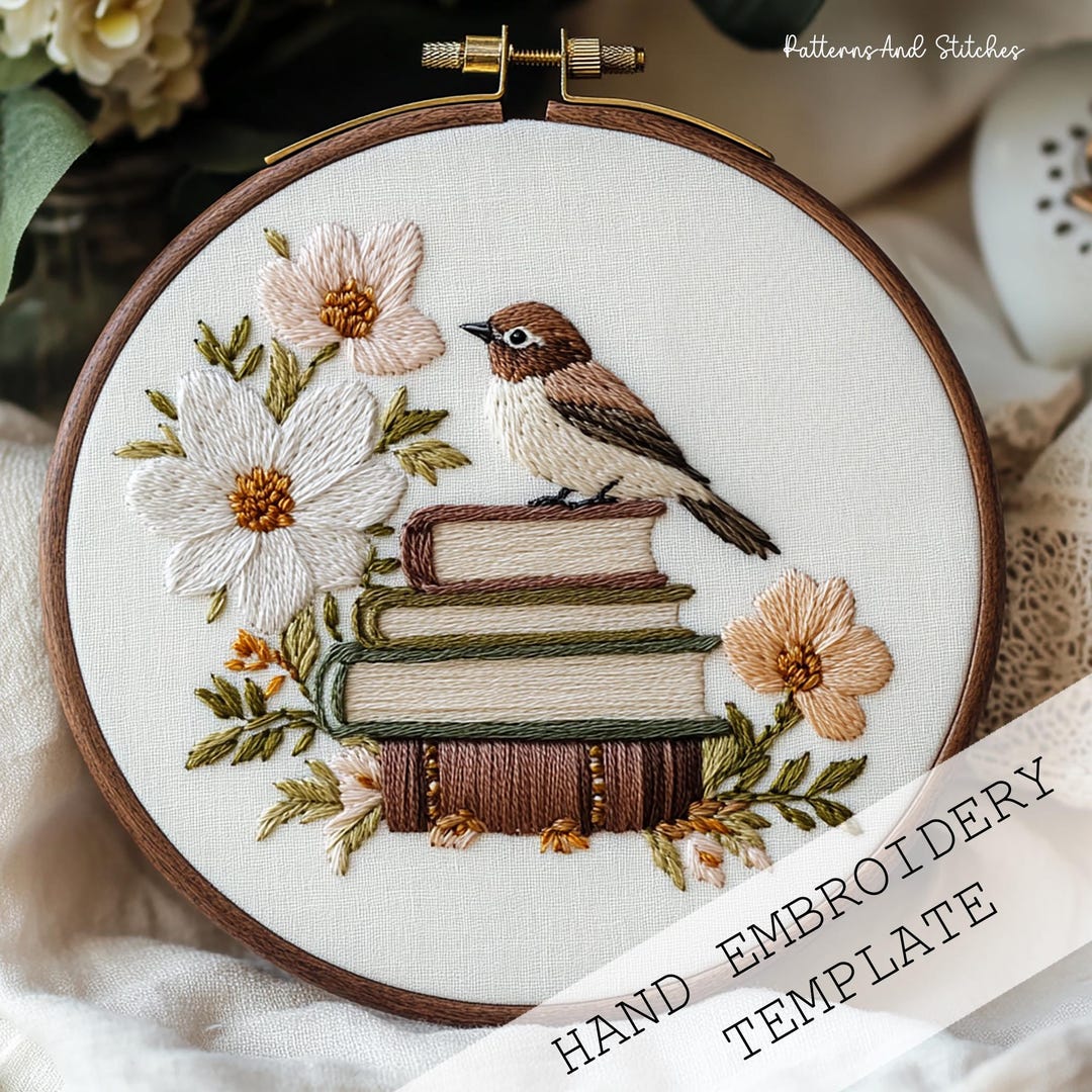 Book Hand Embroidery, PDF Pattern, Bird and Books, Printable Hand ...
