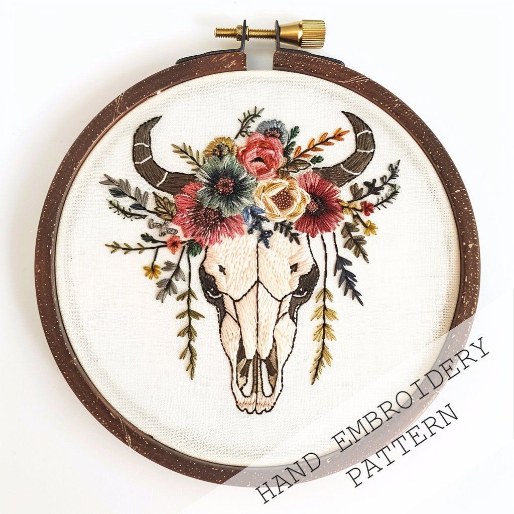 Floral Longhorn Embroidery Pattern, Western Hand Embroidery, Cowboy ...