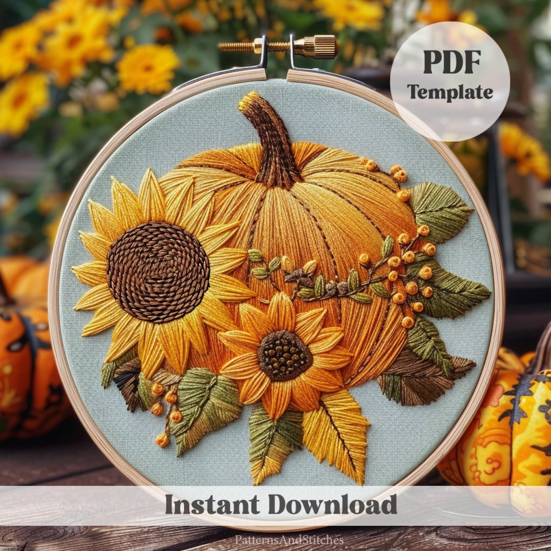 Pumpkin and Sunflowers Hand Embroidery Pattern: Fall Halloween Art ...