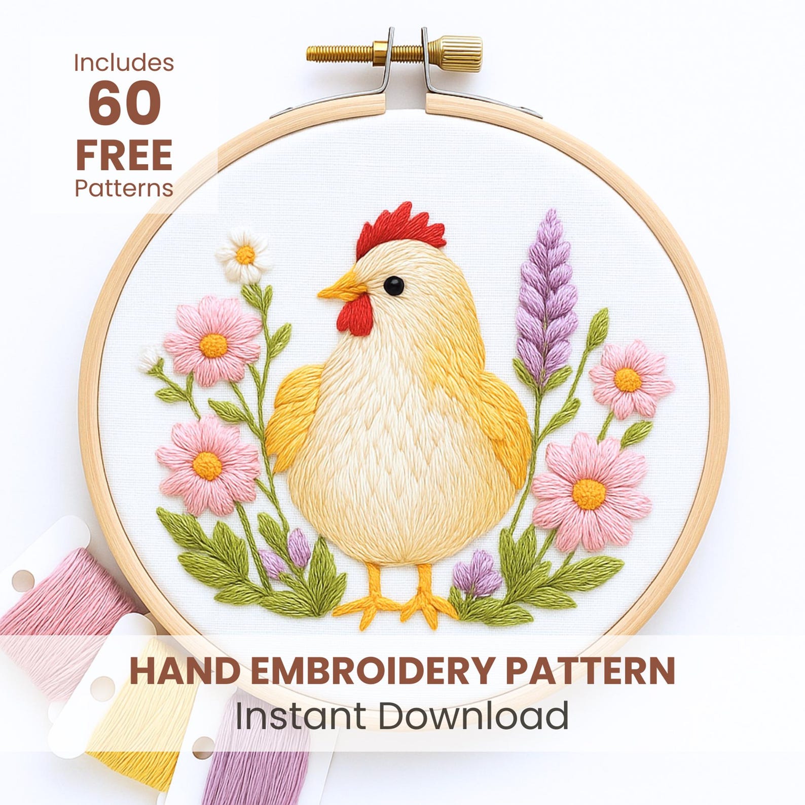 Floral Chicken Embroidery Pattern: Rustic Farmhouse Decor (PDF Download ...