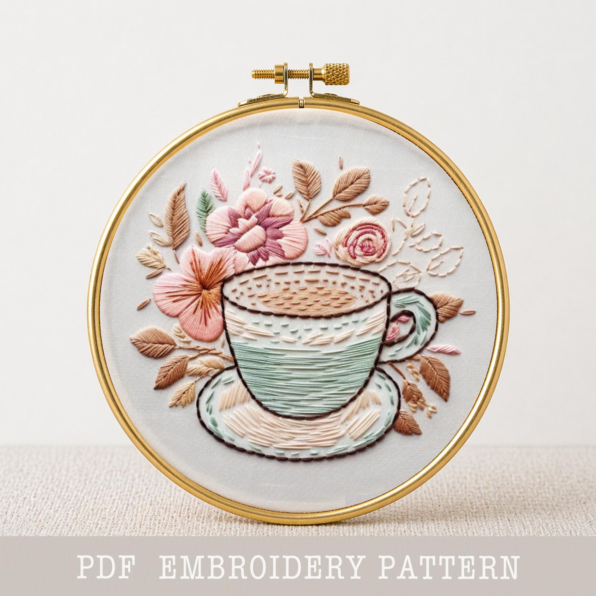 Floral Tea Cup Embroidery Pattern, Coffee Lover DIY (PDF Pattern) - Etsy