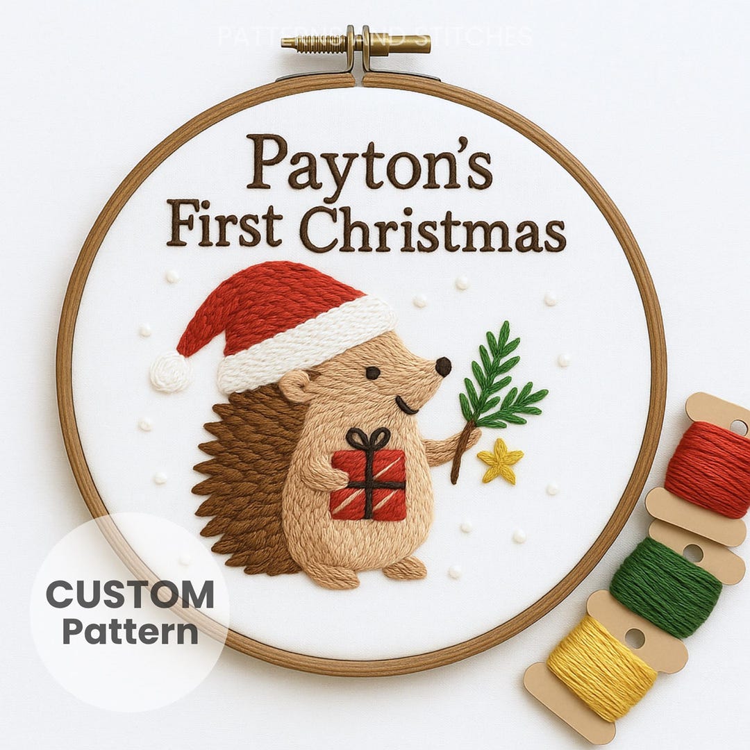 Festive Hedgehog Hand Embroidery Design, Custom Name Template (PDF ...