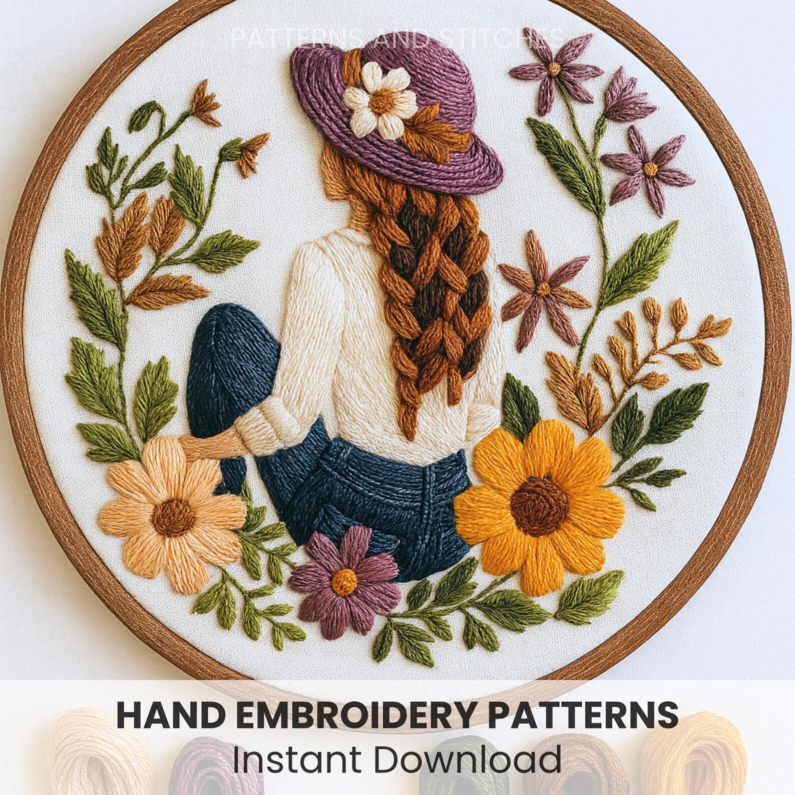 Floral Lady Embroidery Pattern: Boho Flower Design, Printable Template ...