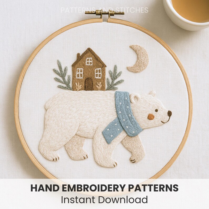 Polar Bear Embroidery Pattern, Winter Scarf Animal Design, Minimal Art ...