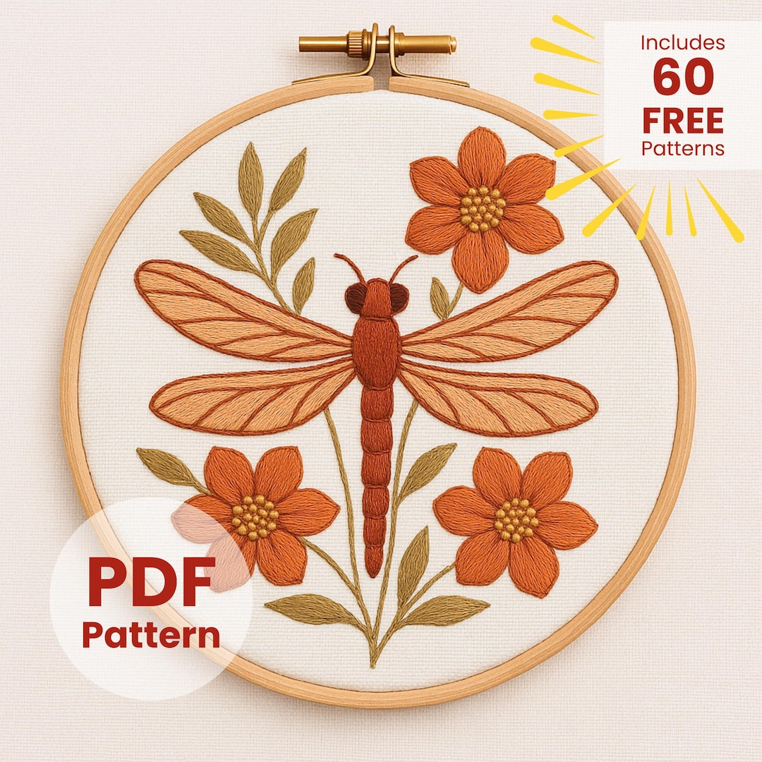 Dragonfly Embroidery Pattern: Autumn Floral Insect Hoop Design (instant ...