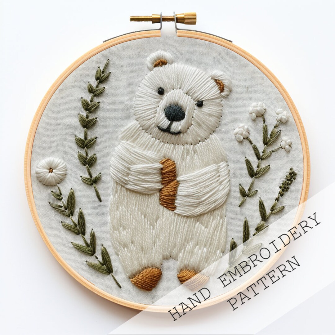 White Bear Embroidery Pattern, Bear Embroidery, Hand Embroidery Pattern ...
