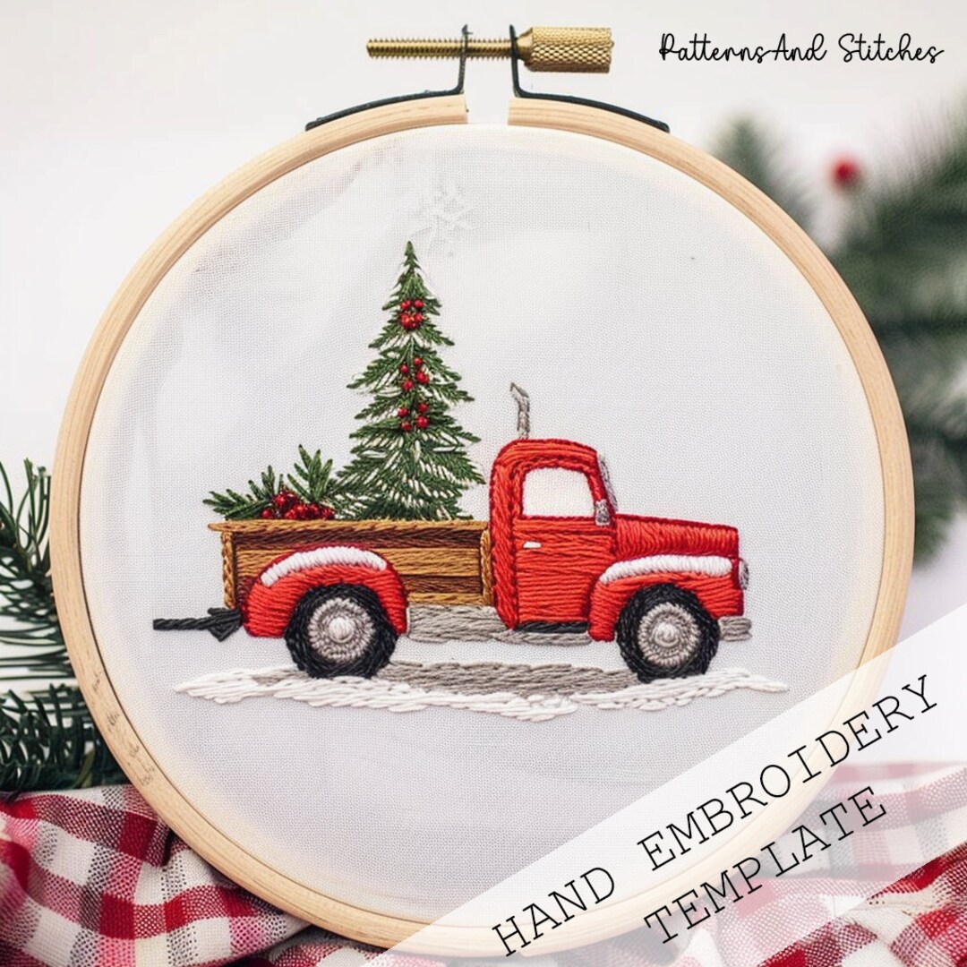 Red Truck Christmas Embroidery Design: Winter Holiday Art, Festive Car ...