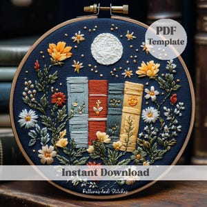 Magical Books Hand Embroidery Pattern, Floral Reading Embroidery ...