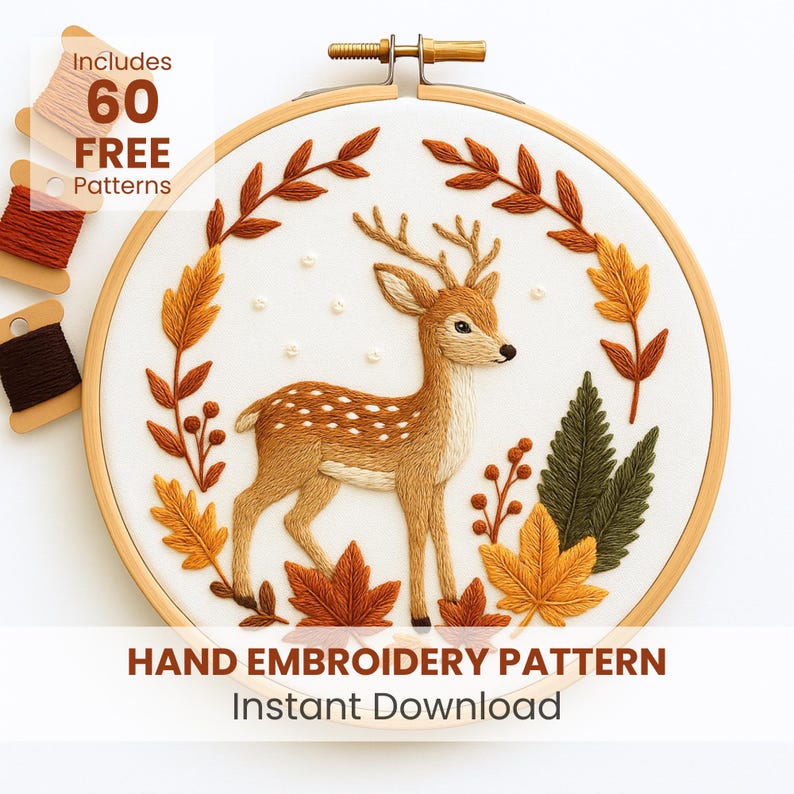 Deer Embroidery Pattern, Woodland Spring Design (PDF) + 60 FREE ...