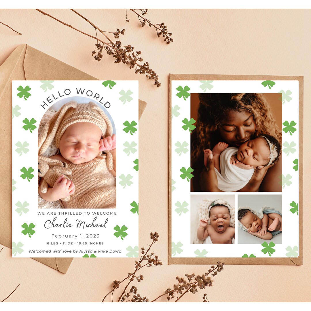 Irish Themed Baby Announcement, St Patrick's Day, Four Leaf Clover ...