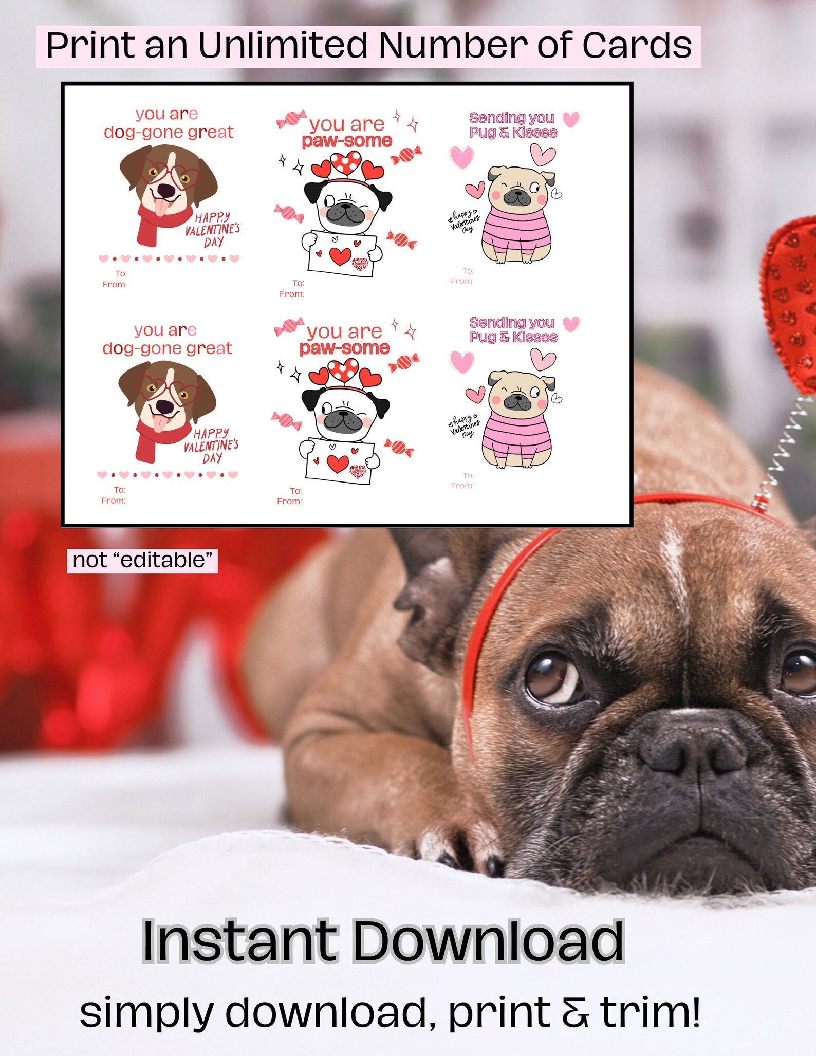 Dog Valentine Card Printable, Printable Dog Pun Valentine's Day Cards ...