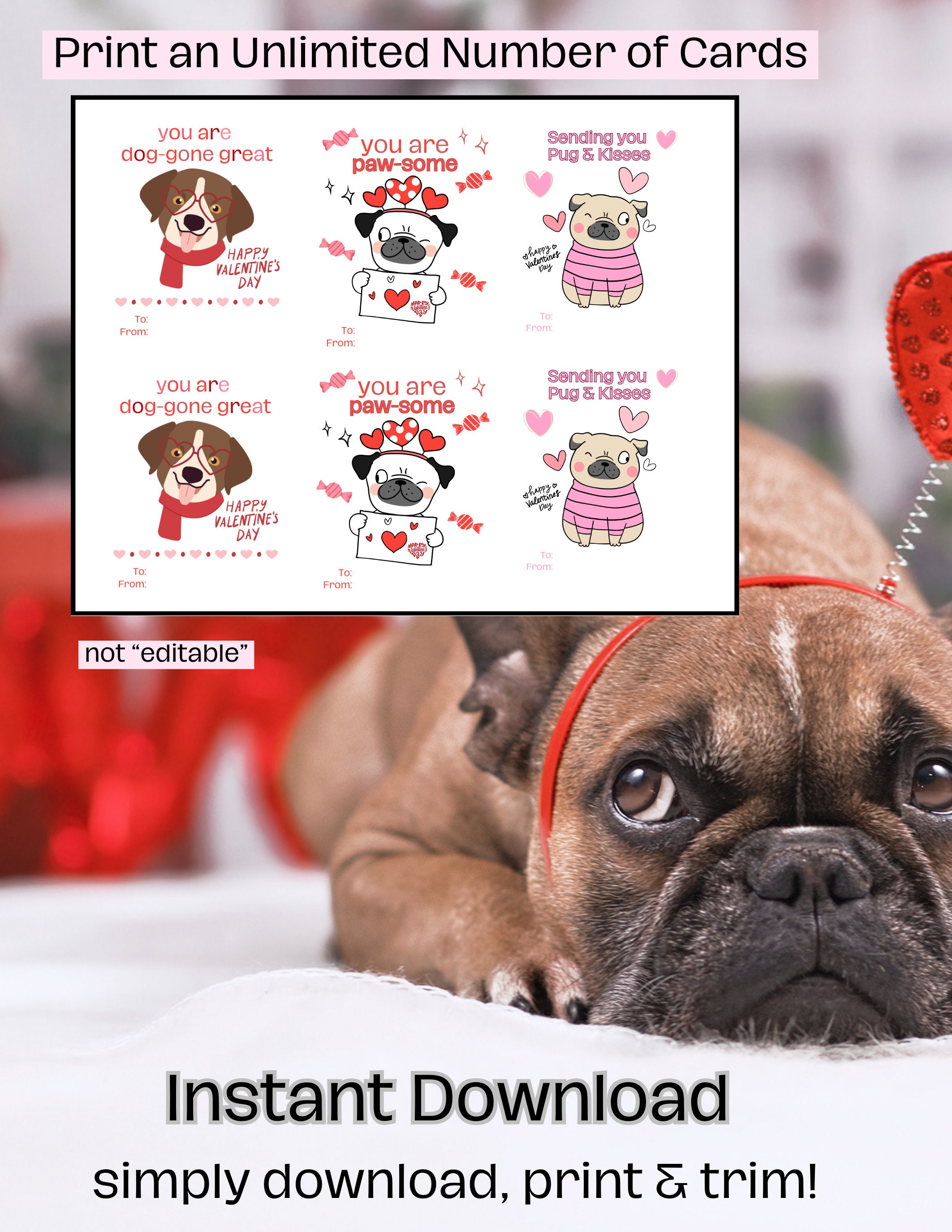 Dog Valentine Card Printable, Printable Dog Pun Valentine's Day Cards ...